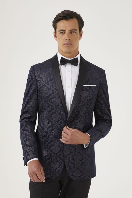 Navy velvet design cloth with black satin shawl lapel.